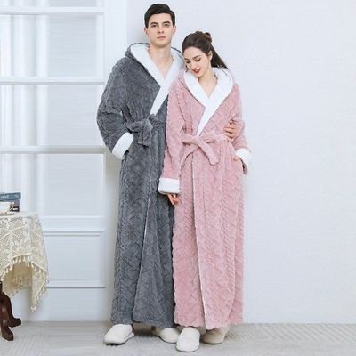 temu跨境加长连帽提花法兰绒睡袍