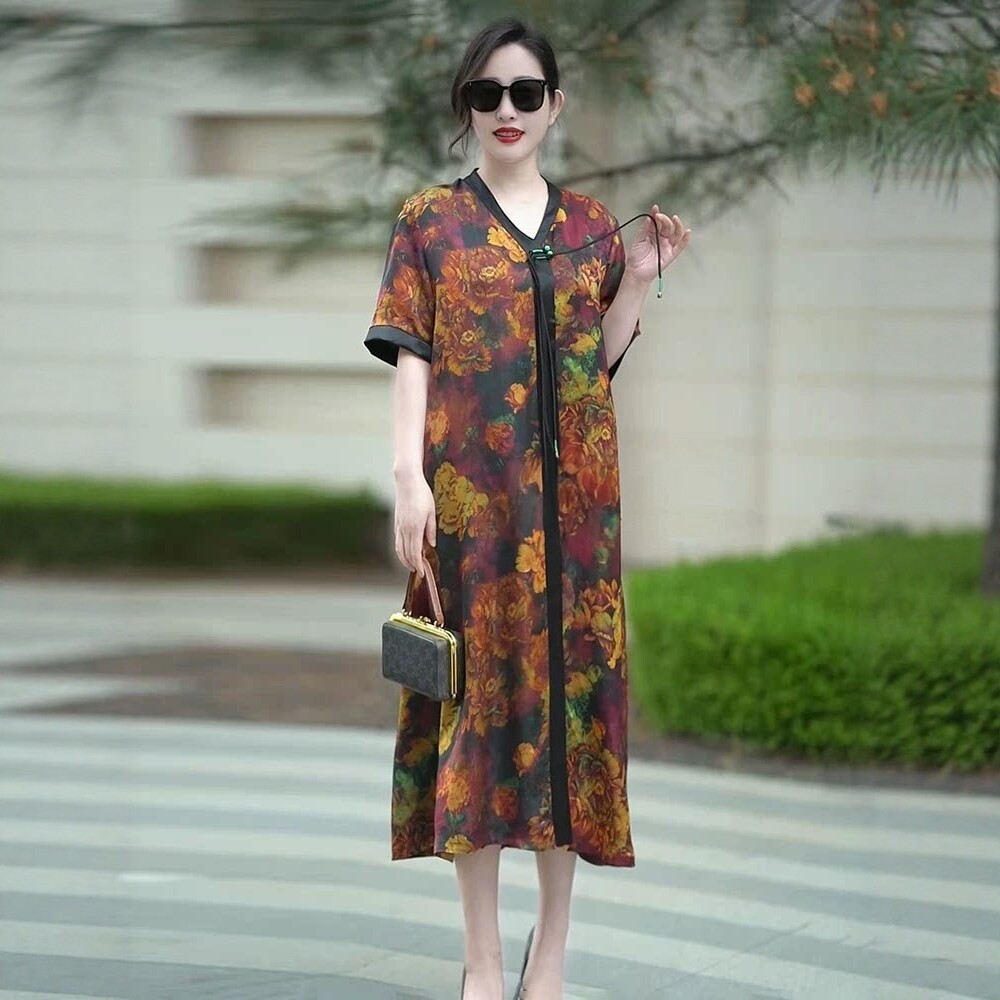 2026夏季新款复古印花连衣裙中老年妈妈装胖妹妹宽松国风大码女装