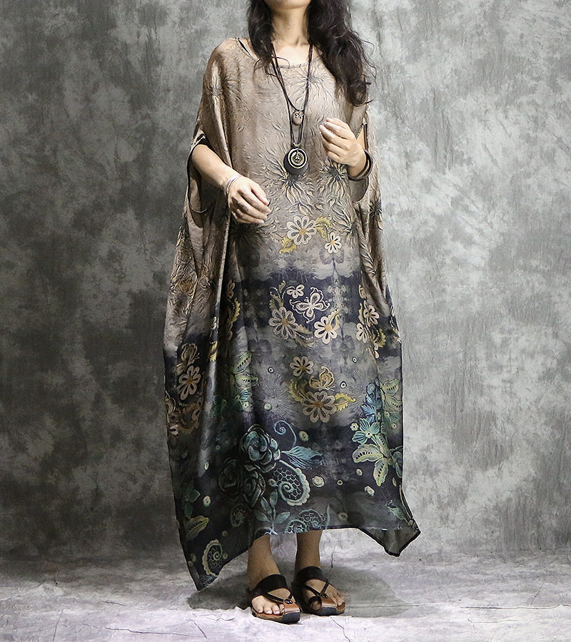 娜娜家原创女装23夏季印花文艺长款连衣裙真丝雪纺蝙蝠袖袍子长裙