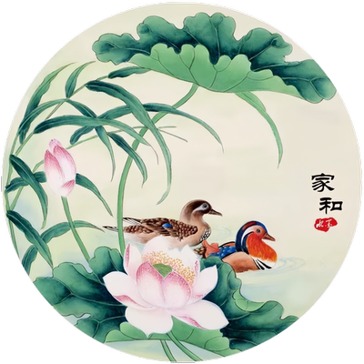 圆形荷花风景图贴画客厅卧室出租房浴室装饰自粘贴古风壁纸防水款