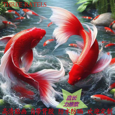 鸿运太极锦鲤招财自粘墙贴纸防水