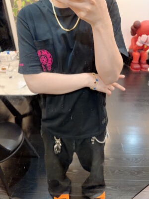 Chrome SS26 CH梵文印花短袖T恤男女同款秦奋粉色植绒前后图案