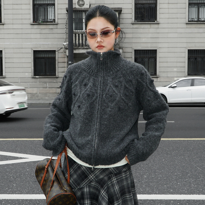 zopiclone球球重工菱格立领针织双拉链毛衣开衫秋冬慵懒休闲上衣