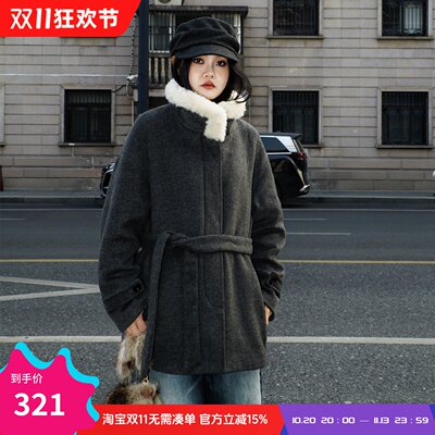 zopiclone“灰色柏林”毛毛翻领双门襟腰带毛呢中长款复古外套冬