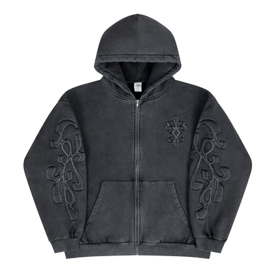 美式街头复古做旧贴布刺绣连帽开衫卫衣男女宽松休闲加绒拉链外套