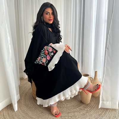 Dubai Arab women robe民族风刺绣绣花开衫拼接连衣裙时尚外穿