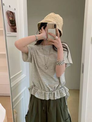 NUWA韩系新款条纹正肩圆领短袖T恤女夏季宽松休闲抽绳荷叶边上衣