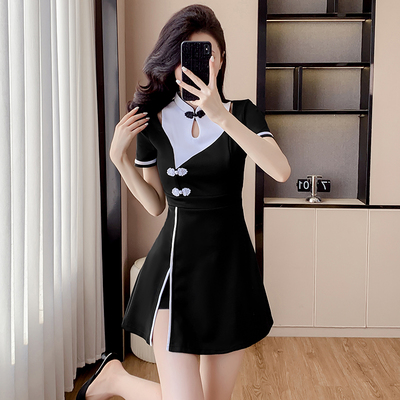 新中式足浴工作服套装女上班2026年春季民族风改良旗袍短裤两件套