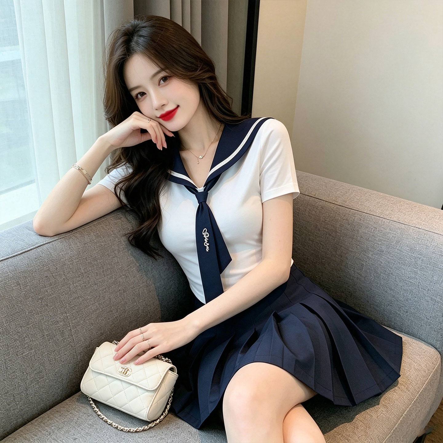 海军领JK制服两件套女足浴技师工服养生馆沐足会所前台百褶裙工装