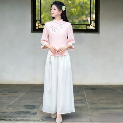 新中式刺绣汉服上衣女显瘦套装
