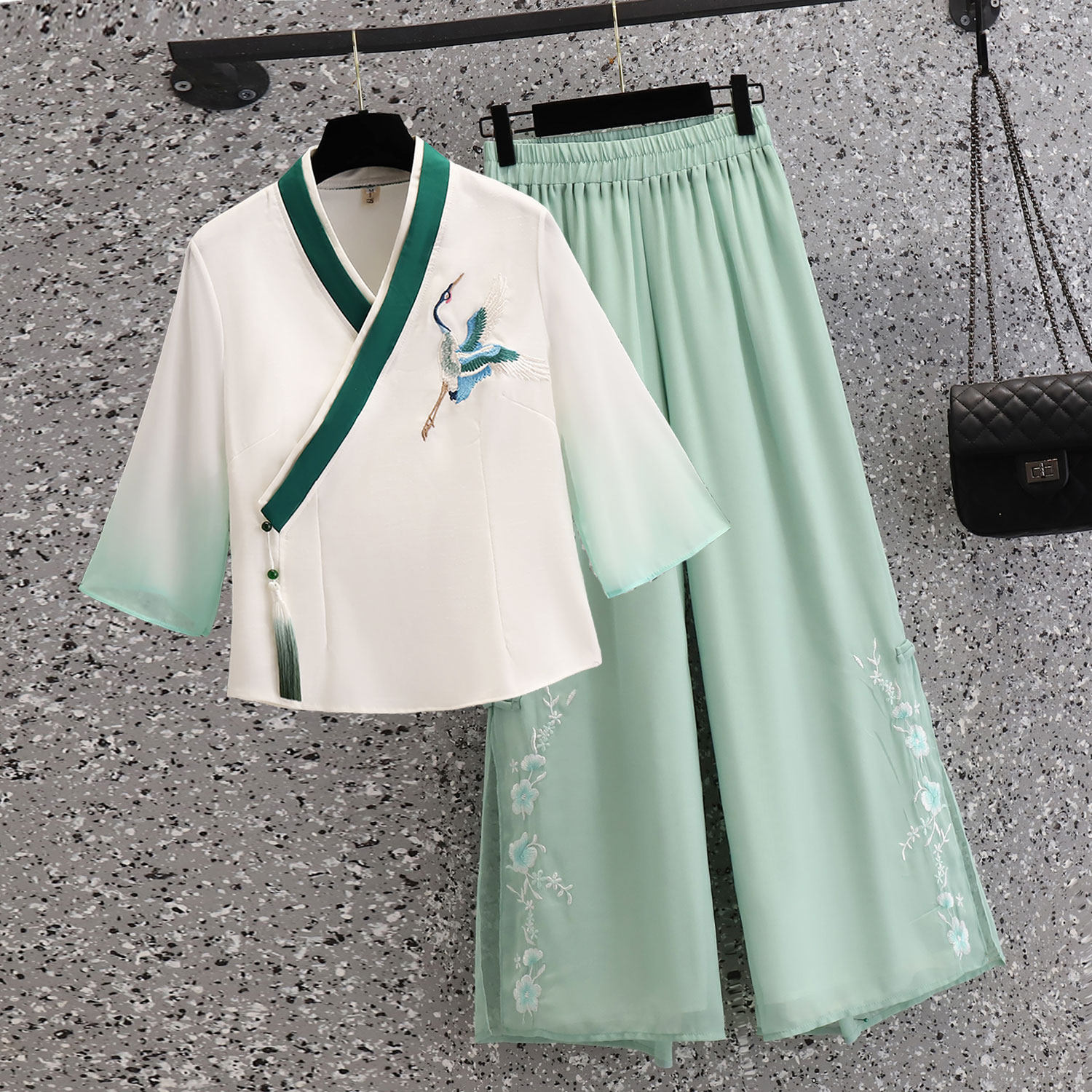 唐装新中式上衣交襟改良民国风汉服套装女夏款茶艺采耳师工作服装