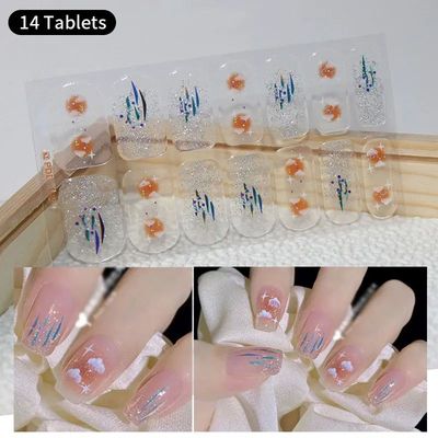 14Tips Nail Stickers Flowers Gradient Color Adhesive Full Co