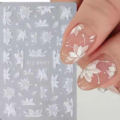 3D White Flower Nail Art Stickers Cute Floral Adhesive Slide