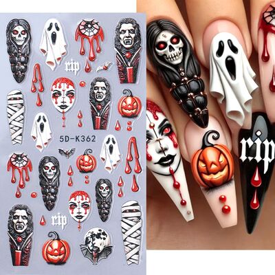 5D Halloween Nail Art Stickers Cartoon Bleeding Spider Pumpk