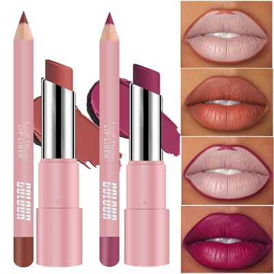 2Pcs Matte Lipstick&lip Liner Set Nude Brown Lipliner Pencil