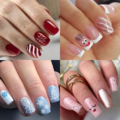 Red Blue Black White Snowflake Deer Press on Nails Glitter P