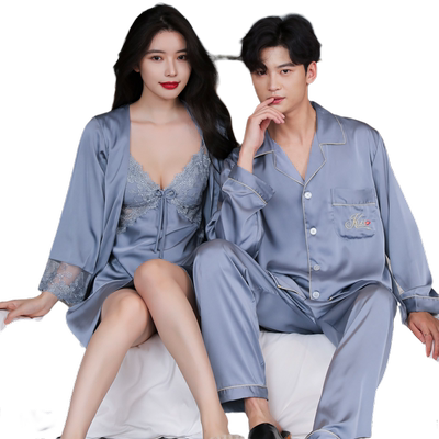 春季新款冰丝绸情侣睡衣睡裙