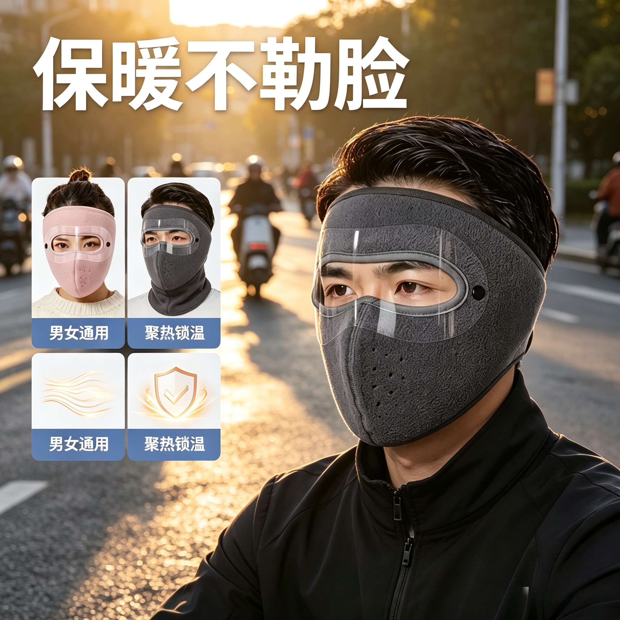 电动车加绒加厚冬季防寒保暖户外骑行护耳护颈护脖防风防尘厚面罩