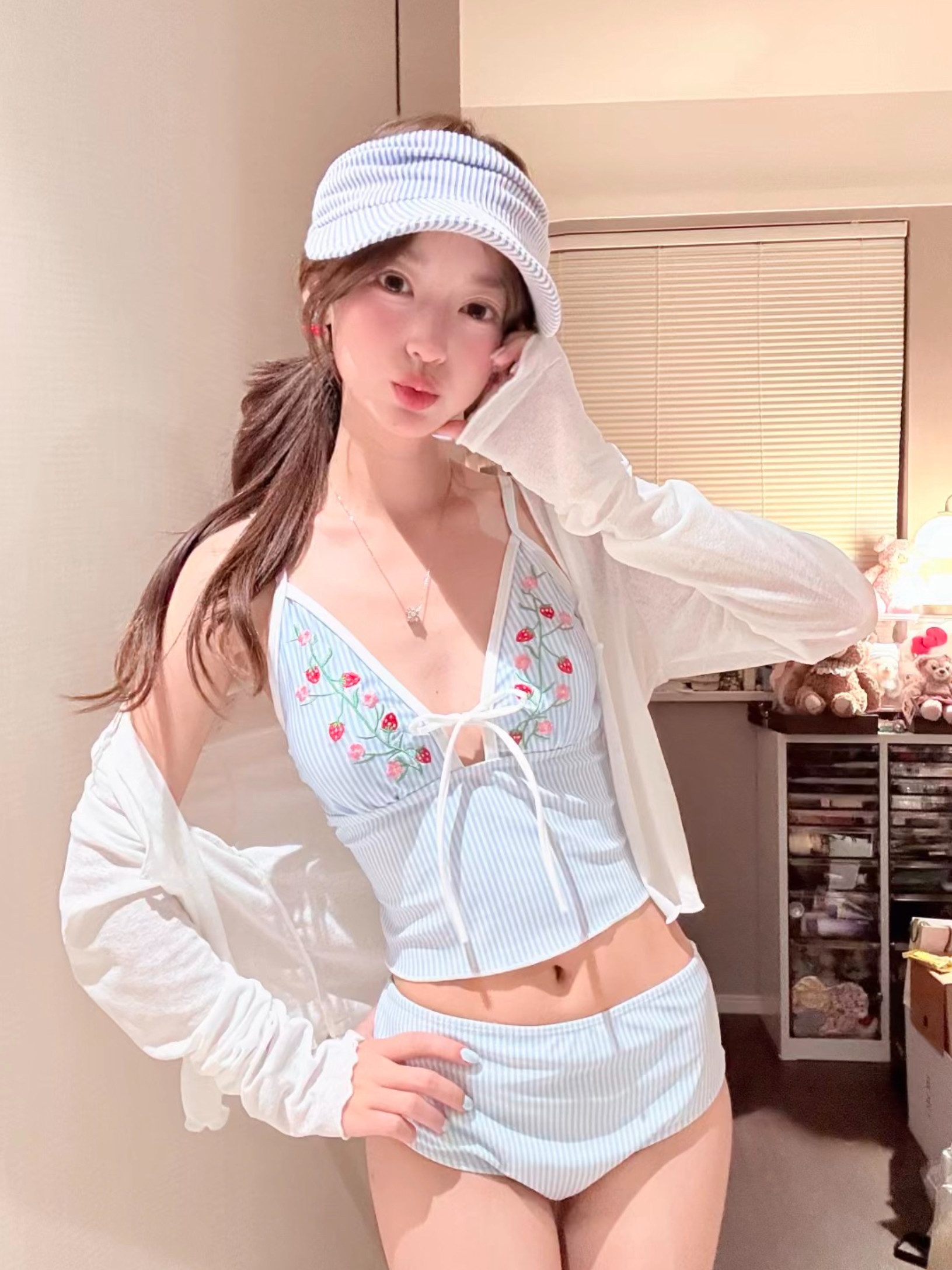 小清新少女分体泳衣女吊带高腰裤遮肚学生保守显瘦条纹罩衫防晒