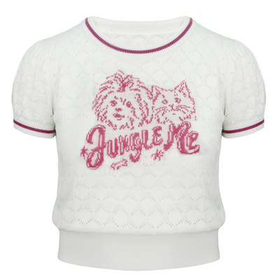 JUNGLE ME白色镂空提花撞色针织短袖女手绘小狗猫咪提花毛织小衫