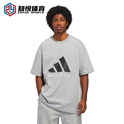阿迪达斯男士短袖T恤灰色篮球印花宽松运动休闲上衣KB7558