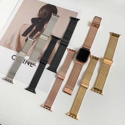 适用于applewatch苹果8代7654321SE新款压纹网带高质感金属钢带