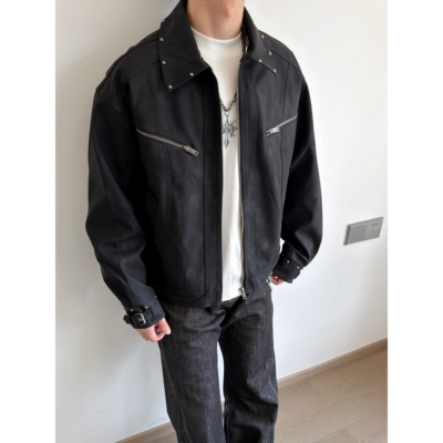 美式复古铆钉机车皮衣男宽松