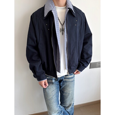 春秋短款美式假两件牛仔夹克翻领