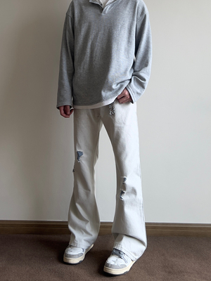 COCKTAIL美式复古白灰色微喇破洞牛仔裤cleanfit宽松长裤