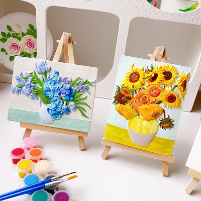 梵高丙烯画涂色diy手工3D浮雕画向日葵鸢尾花油画桌面摆件玩具