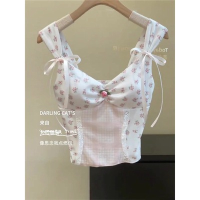 150小个子芭蕾bm风碎花带胸垫吊带背心设计感小众无袖小上衣xxs码
