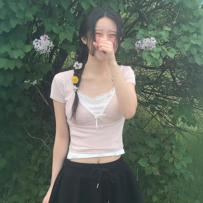 Bow-chest ruffled T-shirt甜美撞色拼接蕾丝花边假两件短袖上衣