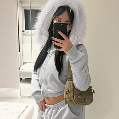 秋冬新款美式辣妹风毛毛领连帽卫