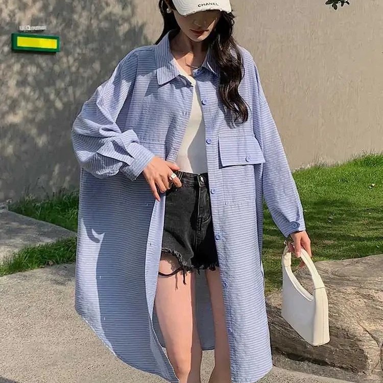 夏装新款慵懒风肌理感空调衫中长款翻领长袖外搭条纹衬衫