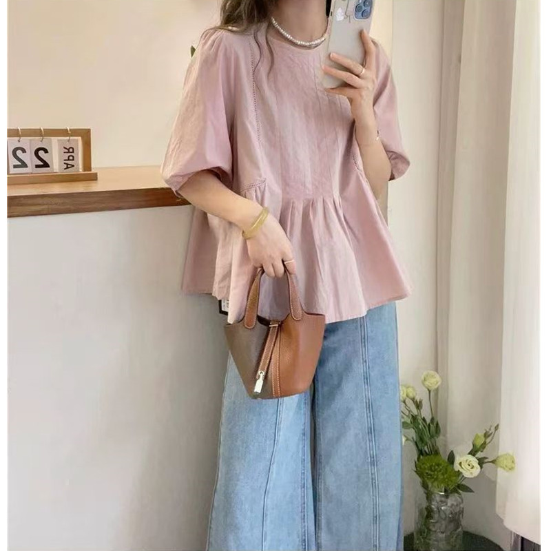 夏装新款小众泡泡袖褶皱短袖衬衫女装圆领套头时尚百搭小衫潮