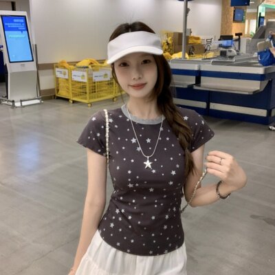 大码胖MM韩系休闲星星印花短袖T恤夏季新款修身上衣