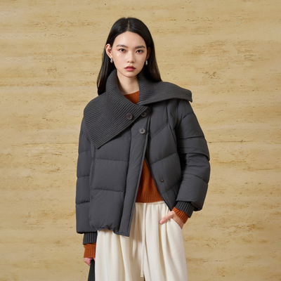 CLMX 高支高密哑光尼丝纺面料白鹅绒拼接毛织片大翻领羽绒服外套