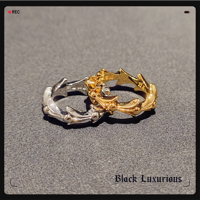 Black Luxurious电镀22K18K白金色摇滚INS风格十字架鱼骨波浪戒指