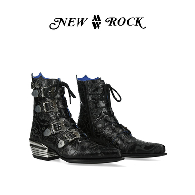 NEW ROCK西班牙潮牌春夏新款哥特雕花暗黑蝙蝠扣金属西部尖头靴