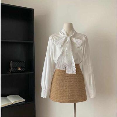 新款春秋季法式温柔花边白色衬衫上衣百搭设计别致洋气蝴蝶结衬衣