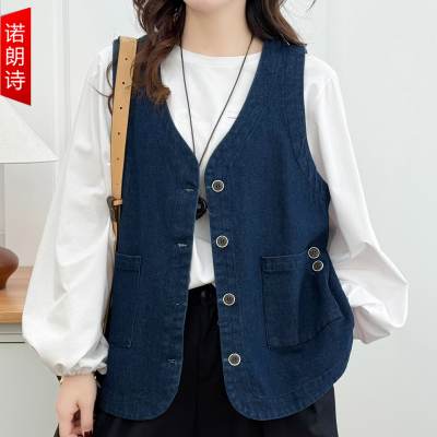 2026复古深蓝色牛仔马甲大码女装