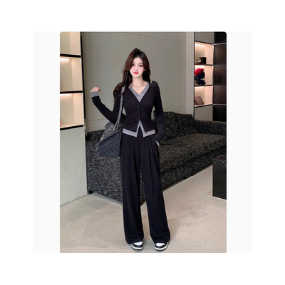 春季十三行韩版网红针织修身显瘦T恤长袖上衣宽松休闲裤大码女装