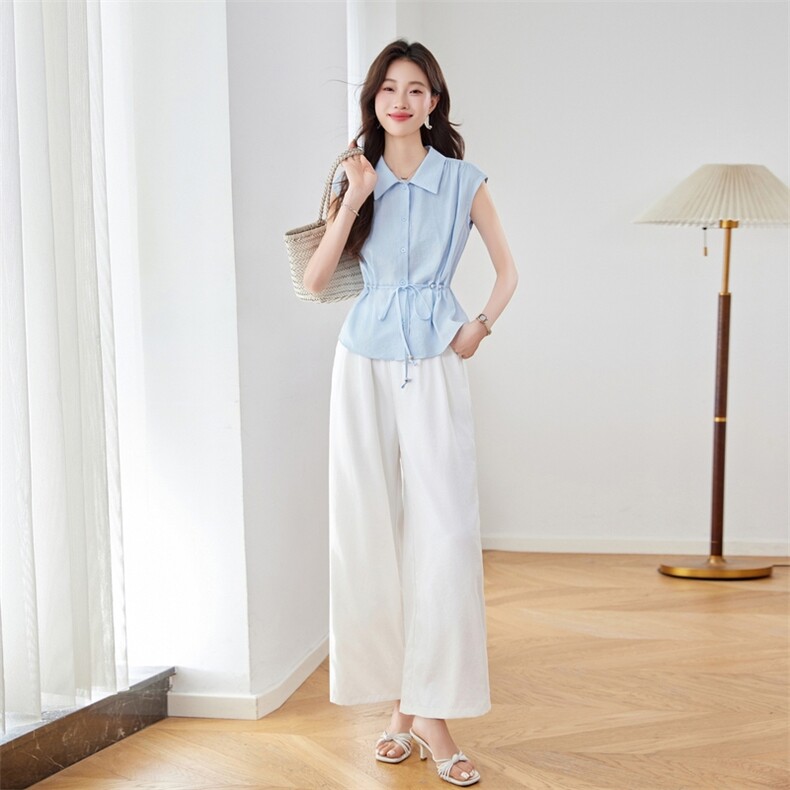夏季女装翻领收腰两件套九分裤时尚通勤套装显瘦简约穿搭慵懒紧身