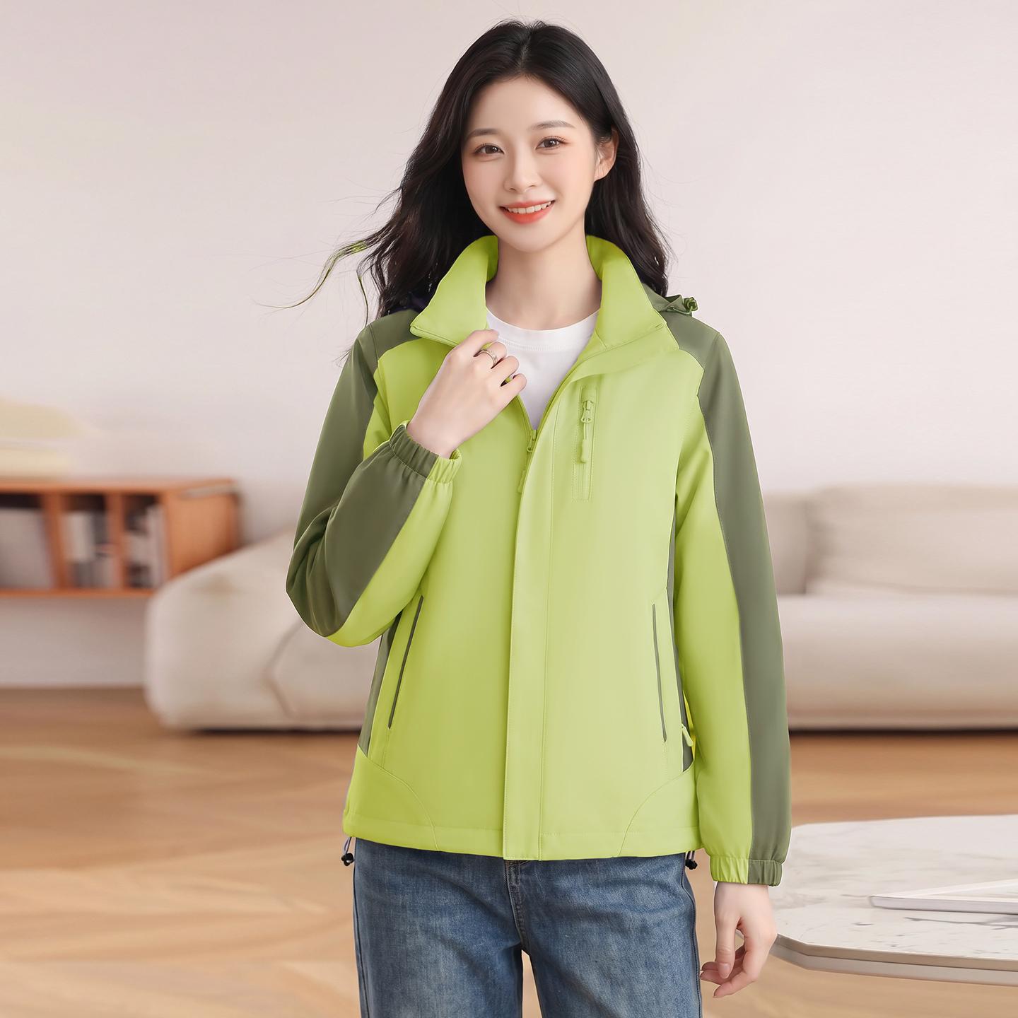 户外运动风连帽冲锋衣女三合一可拆卸防风防水绿色棉服外套性感休
