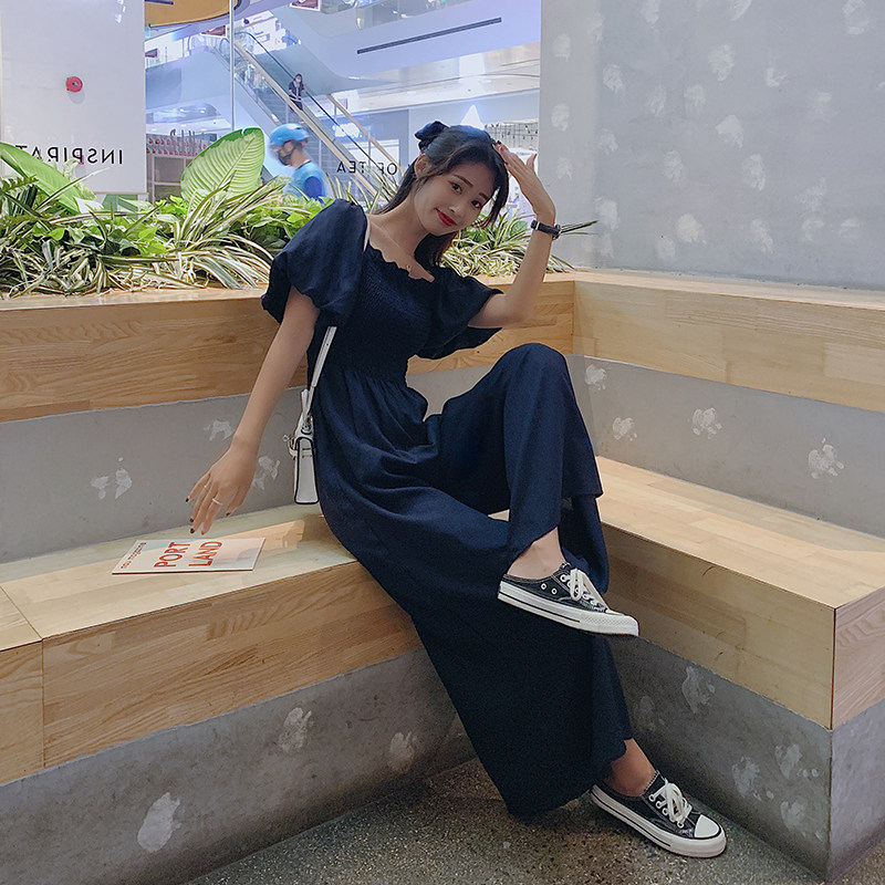 夏季女装方领泡泡袖两件套连体裤显瘦宽松休闲套装性感大码气质今
