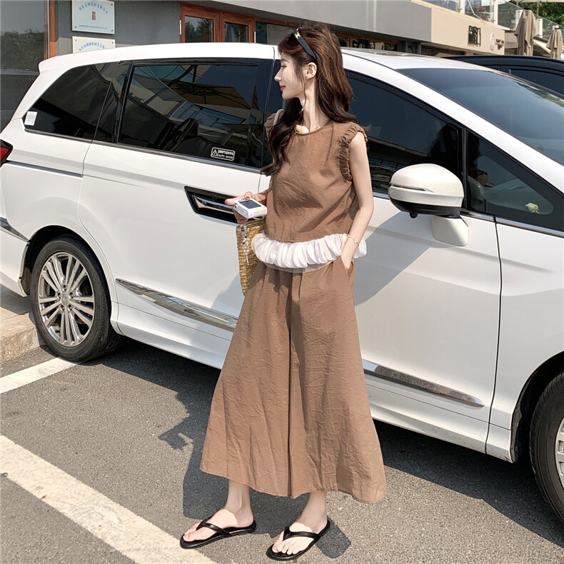 韩系甜美无袖花边套装女夏季高腰休闲两件套咖啡色小众修身特别新