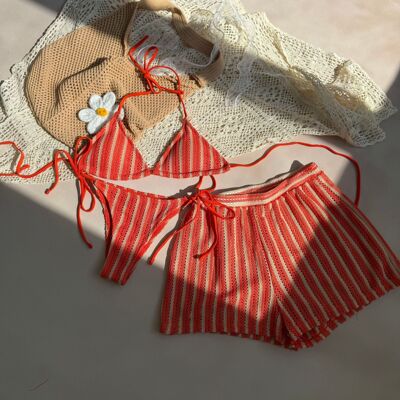 条纹三角杯三件套比基尼欧美ins风挂脖平角裤泳装沙滩拍照bikini