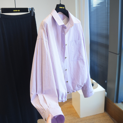 撞色条纹纸皱感纯棉翻领廓形衬衫