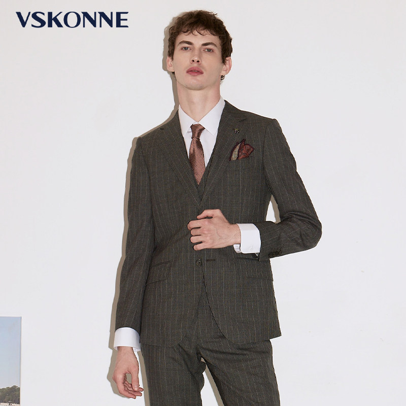 VSKONNE/威斯康尼男装春季男士VBC100%羊毛灰色竖条纹通勤西服男