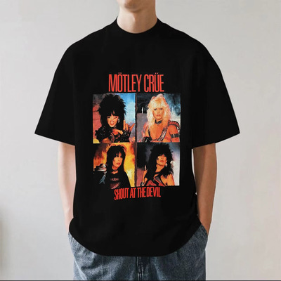 MOTLEY CRUE克鲁小丑乐队欧美摇滚重金属重磅280g纯棉短袖T恤宽松